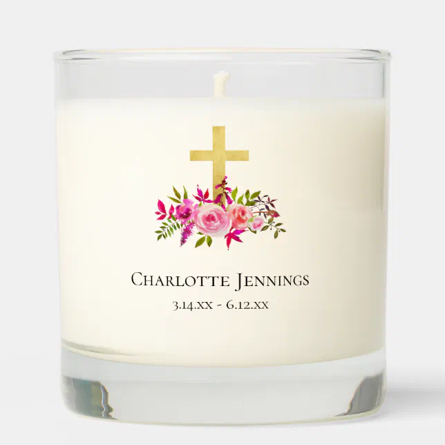 Elegant Pink Floral Cross In Memory Scented Candle | Zazzle