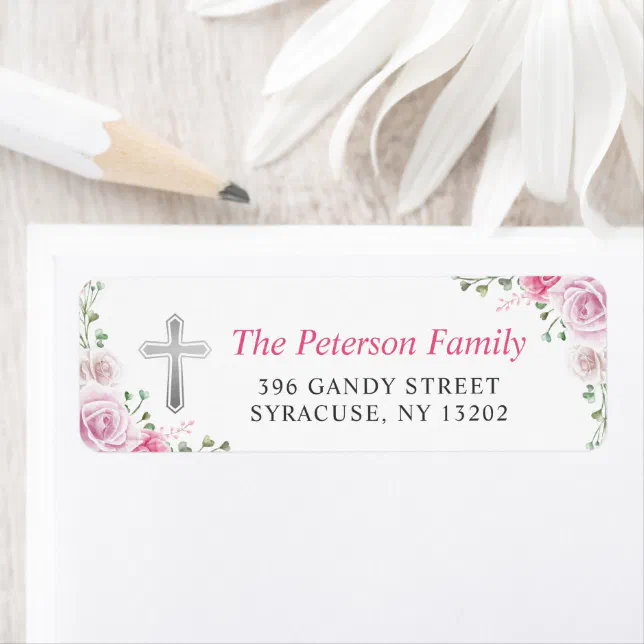 Elegant Pink Floral Cross Religious Return Address Label | Zazzle
