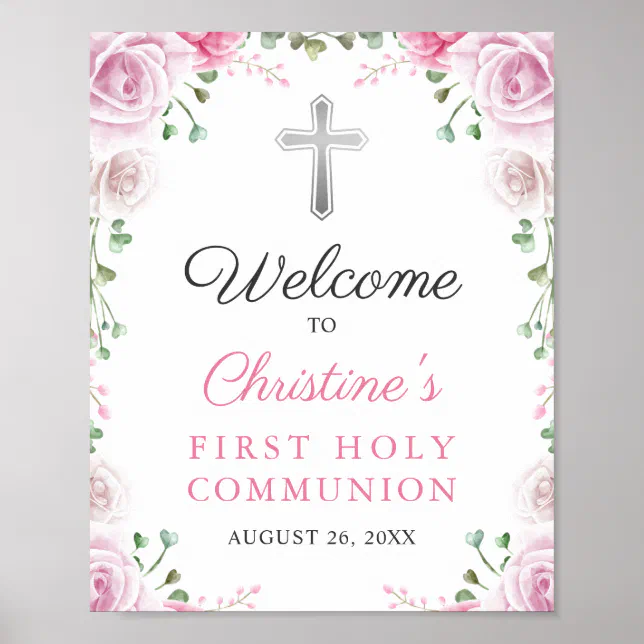 Elegant Pink Floral First Holy Communion Welcome Poster | Zazzle