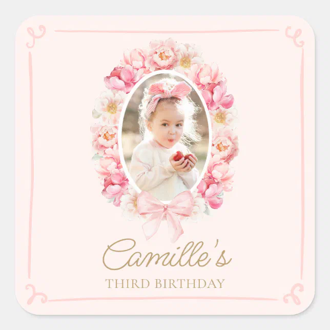 Elegant Pink Floral Girl Photo Birthday Square Sticker | Zazzle
