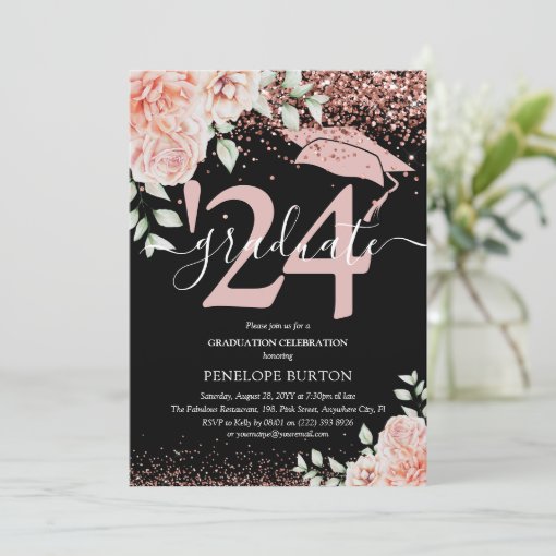 Elegant Pink Floral & Glitter Graduation Party Invitation | Zazzle