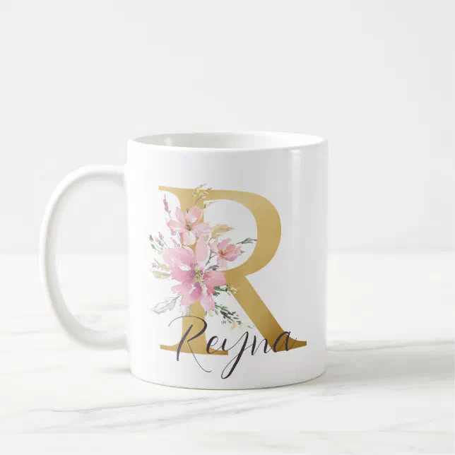 Elegant Pink Floral Gold Letter Monogram R Coffee Mug | Zazzle
