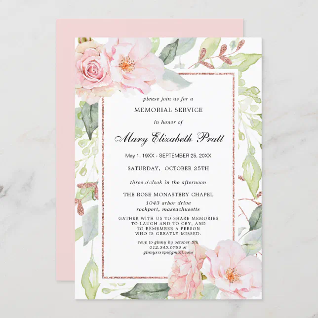 Elegant Pink Floral Gold Memorial Service Invitation | Zazzle