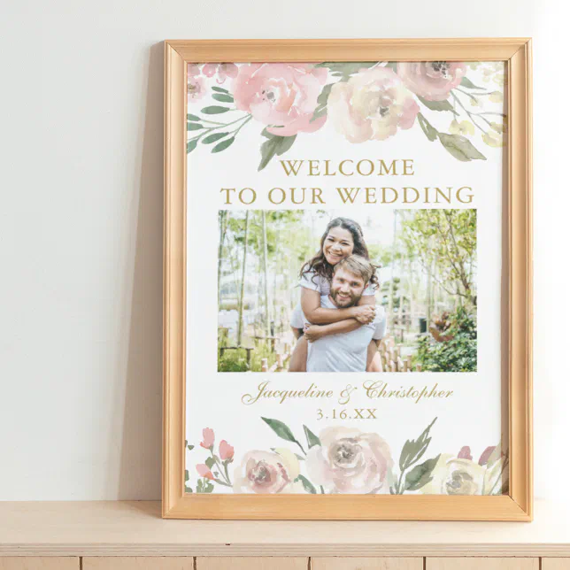 Elegant Pink Floral Gold Photo Wedding Welcome Poster | Zazzle