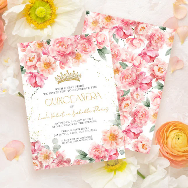 Elegant Pink Floral Gold Quinceañera Invitation | Zazzle