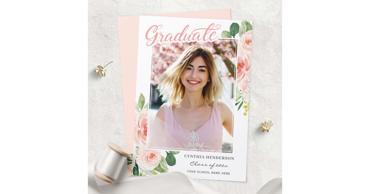 Elegant Pink Floral Graduate Photo Graduation Announcement | Zazzle