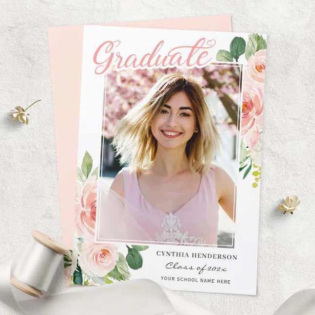 Elegant Pink Floral Graduate Photo Graduation Announcement | Zazzle