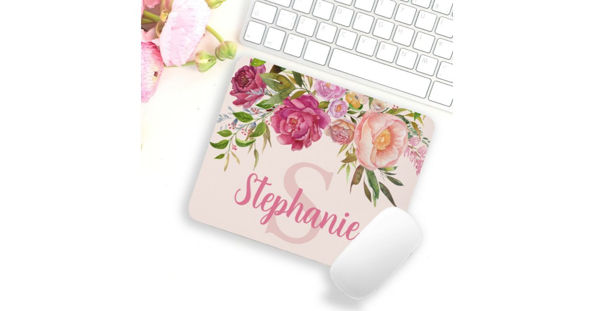 Elegant Pink Floral Greenery Monogram Name Initial Mouse Pad | Zazzle
