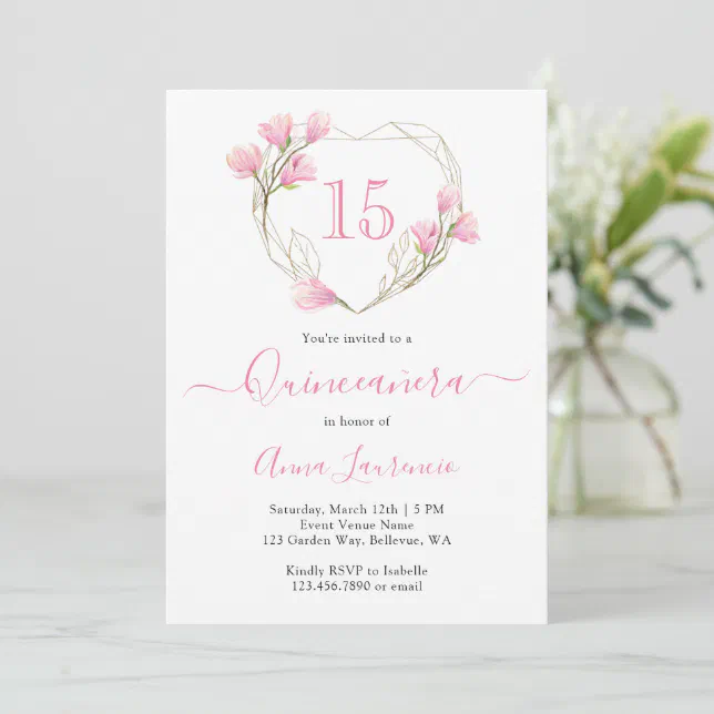 Elegant Pink Floral Heart Frame Quinceanera Invitation | Zazzle