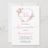 Elegant Pink Floral Heart Frame Quinceanera Invitation | Zazzle
