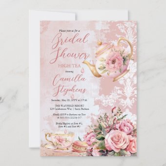 Elegant Pink Floral High Tea Bridal Shower Invitation | Zazzle