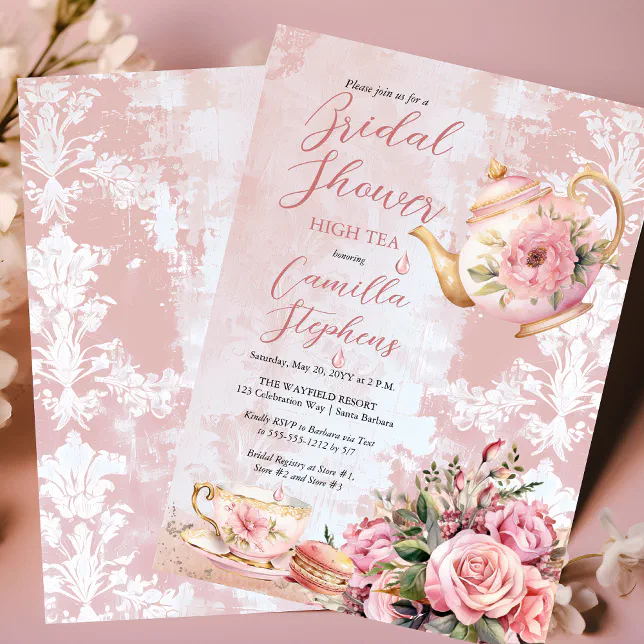 Elegant Pink Floral High Tea Bridal Shower Invitation | Zazzle
