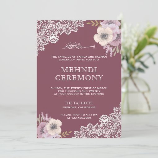 Elegant PInk Floral Lace Islamic Muslim Mehndi Invitation | Zazzle