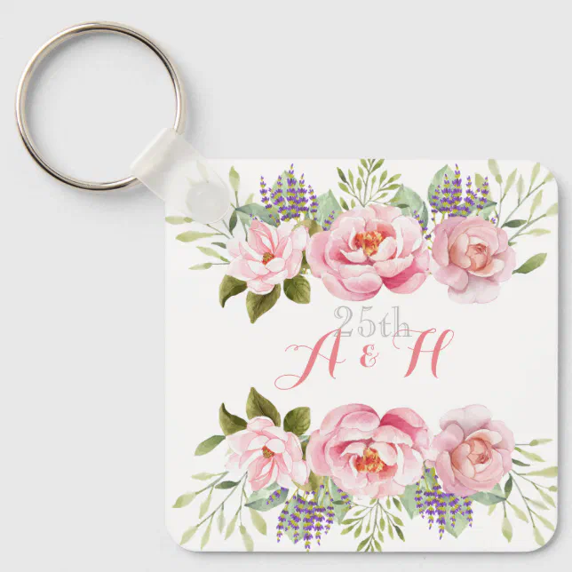 Elegant Pink Floral Monogram 25th Wedding Gift Keychain | Zazzle