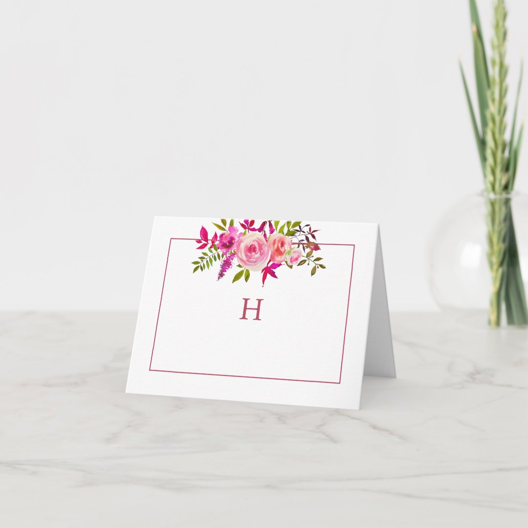 Elegant Pink Floral Monogram Folded Note Card | Zazzle