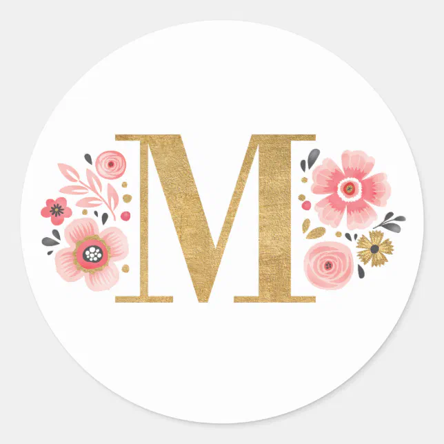 Elegant Pink Floral Monogram Initial Gold Letter M Classic Round ...