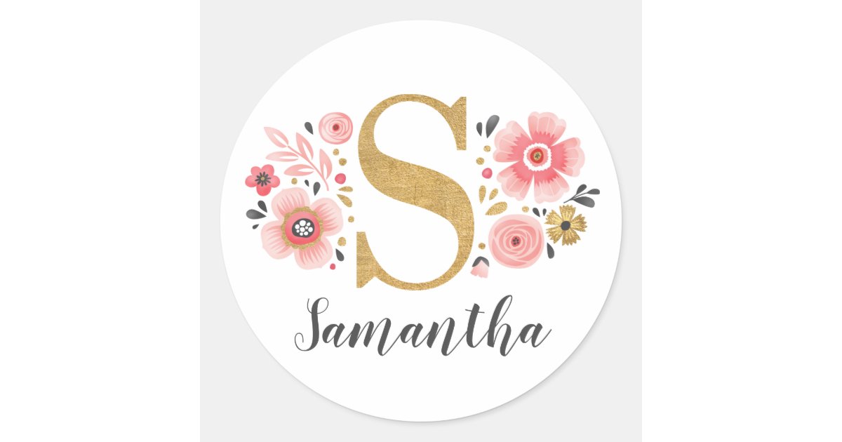 Elegant Pink Floral Monogram Initial Gold Letter S Classic Round ...