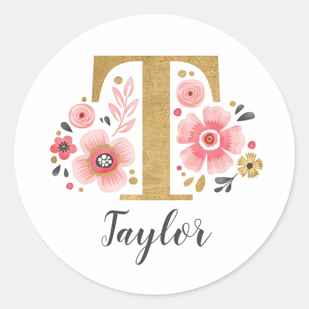 Elegant Pink Floral Monogram Initial Gold Letter T Classic Round ...