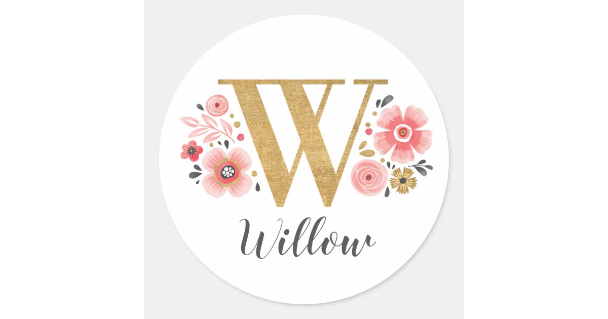 Elegant Pink Floral Monogram Initial Gold Letter W Classic Round ...