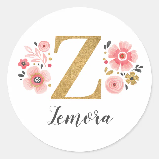 Elegant Pink Floral Monogram Initial Gold Letter Z Classic Round ...