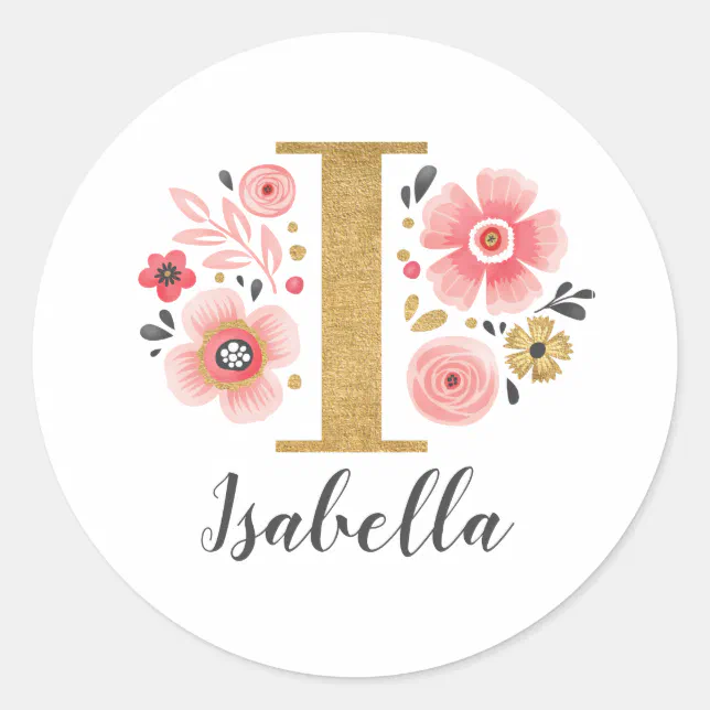 Elegant Pink Floral Monogram Initial Letter I Classic Round Sticker ...
