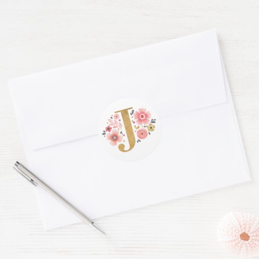 Elegant Pink Floral Monogram Initial Letter J Classic Round Sticker ...