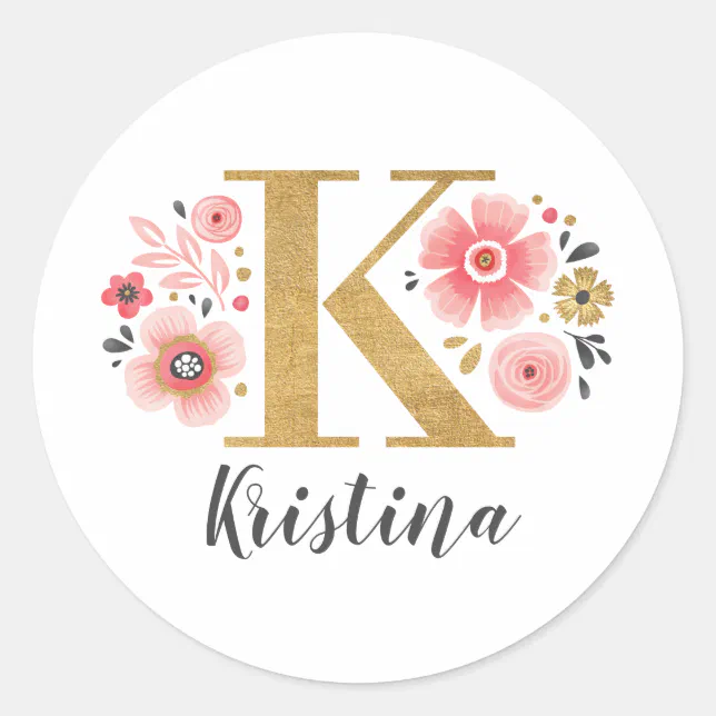 Elegant Pink Floral Monogram Initial Letter K Classic Round Sticker ...