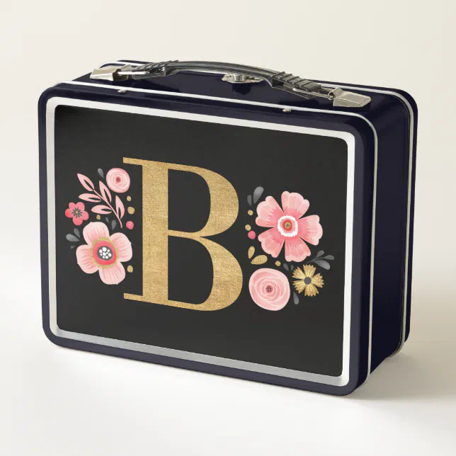 Elegant Pink Floral Monogram Metal Lunch Box | Zazzle
