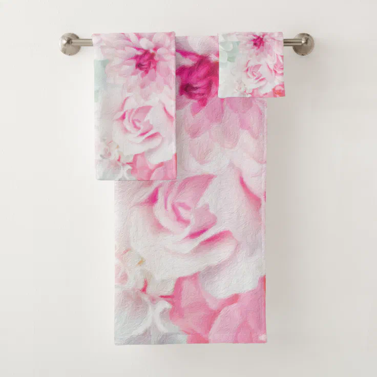 Elegant Pink Floral Painted Bath Towel Set | Zazzle