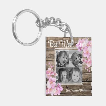 Elegant pink floral personalized four photos keychain | Zazzle