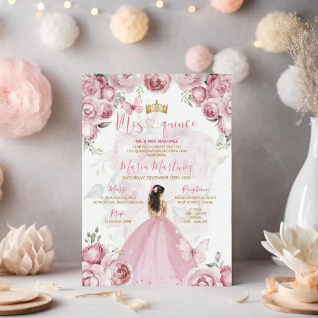Elegant Pink Floral Princess Butterfly Mis Quince Invitation | Zazzle