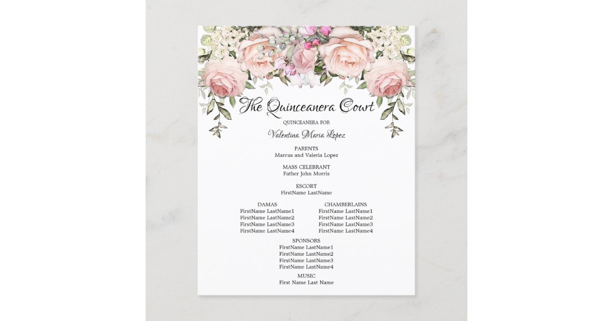 Elegant Pink Floral Quinceanera Program | Zazzle