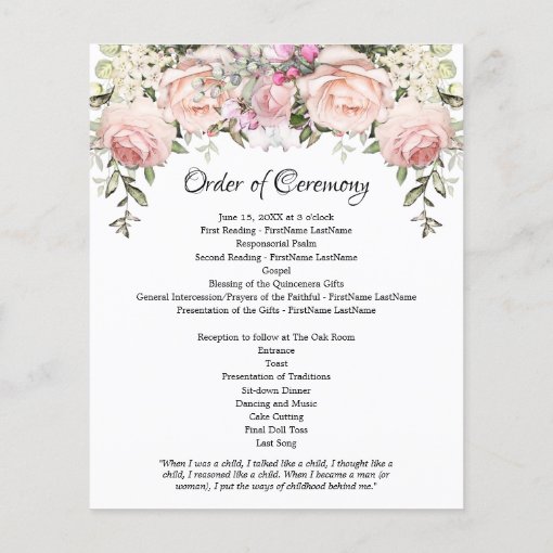 Elegant Pink Floral Quinceanera Program | Zazzle