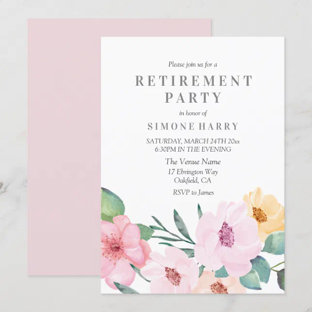 Elegant Pink Floral Retirement Party Invitation | Zazzle