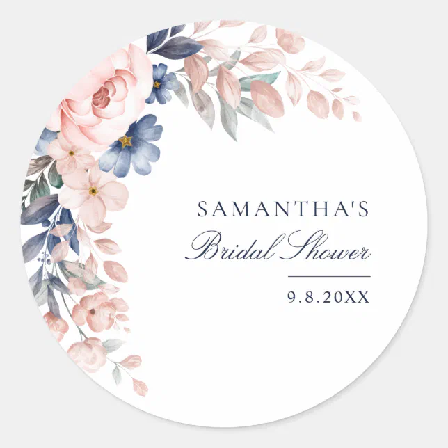 Elegant Pink Floral Script Bridal Shower Classic Round Sticker | Zazzle
