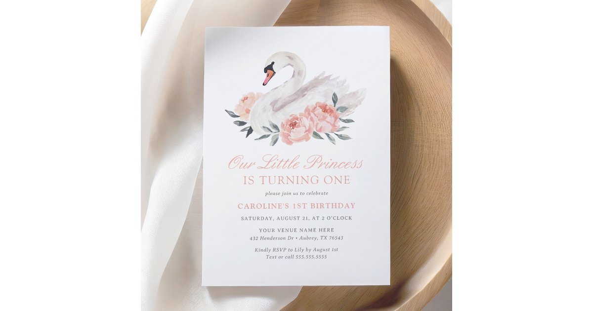 Elegant Pink Floral Swan Girl Birthday Invitation | Zazzle