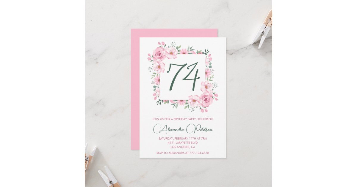 Elegant Pink Floral Watercolor 74th birthday Invitation | Zazzle