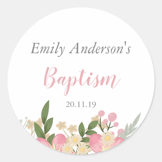 Elegant Pink Floral Watercolor Baptism Sticker | Zazzle
