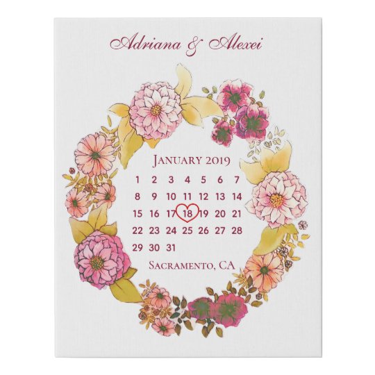 Elegant Pink Floral Wedding Date Calendar Wall Art | Zazzle.com