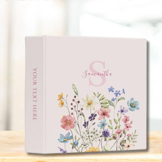 Elegant Pink Floral Wildflower Personalized 3 Ring Binder | Zazzle