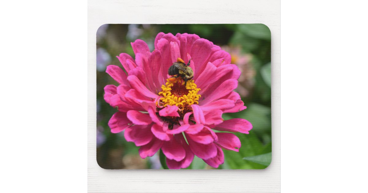 Elegant pink flower cute bee mouse pad | Zazzle