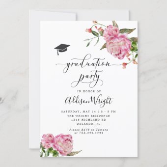 Elegant Pink Flowers Graduation Party Invitation | Zazzle