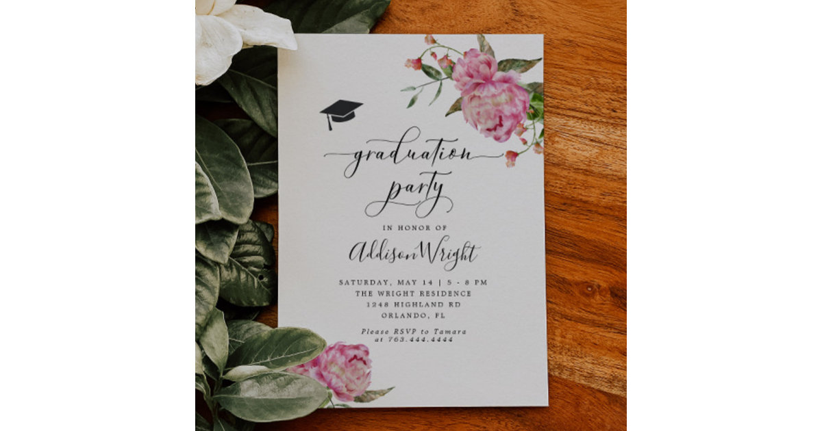 Elegant Pink Flowers Graduation Party Invitation | Zazzle