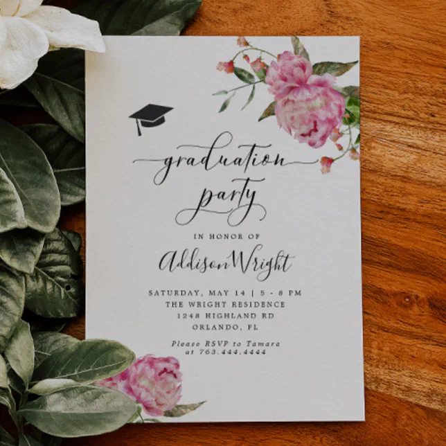 Elegant Pink Flowers Graduation Party Invitation | Zazzle