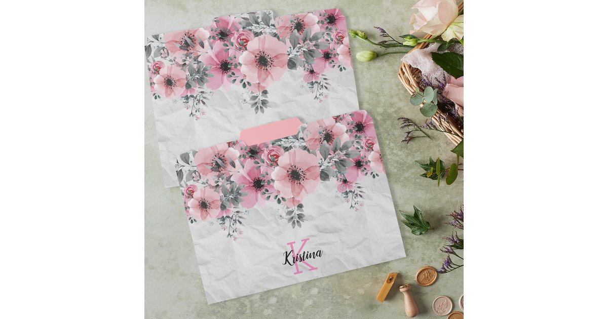 Elegant Pink Flowers on Crinkled White Paper File Folder | Zazzle