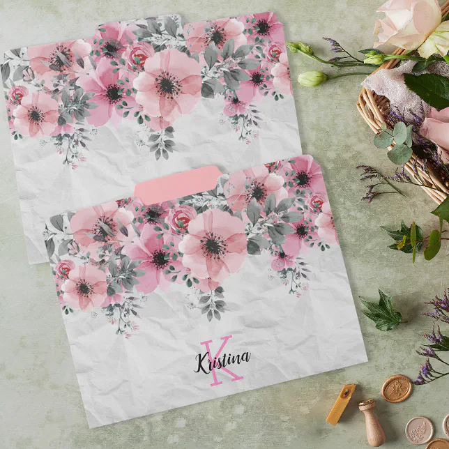 Elegant Pink Flowers on Crinkled White Paper File Folder | Zazzle