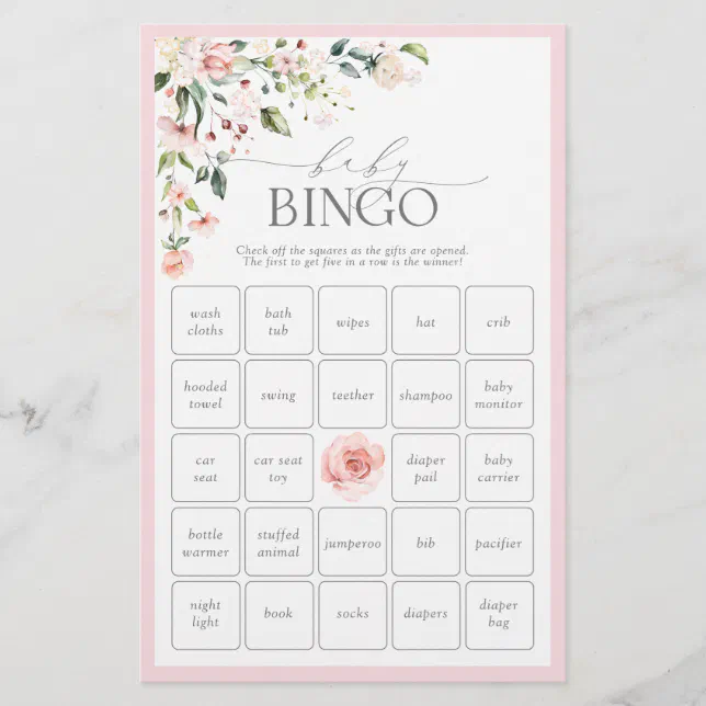 Elegant Pink Flowers Spring Baby Shower Bingo Game | Zazzle