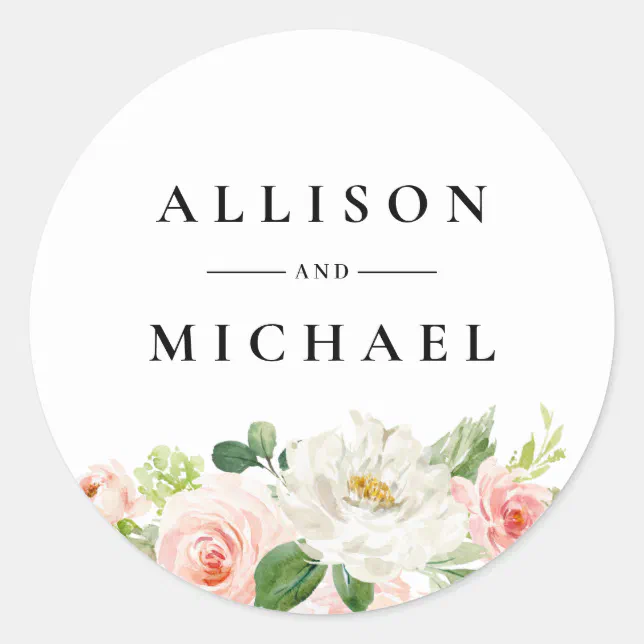 Elegant pink flowers wedding classic round sticker | Zazzle