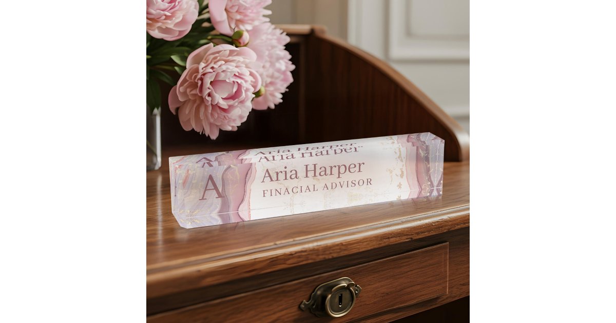 Elegant Pink Geode Gold Glitter Agate Monogram Desk Name Plate | Zazzle