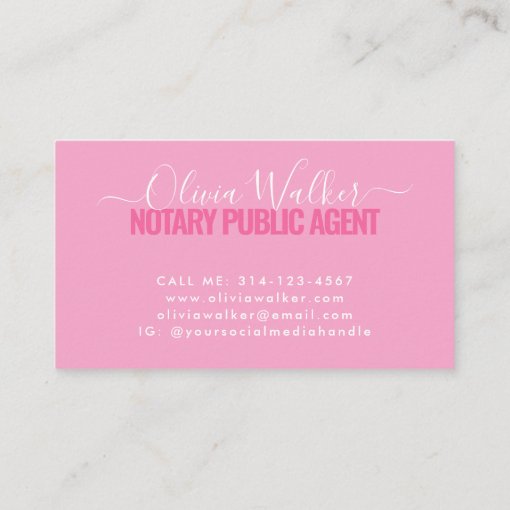 Elegant Pink Girly Signature Notary Public Agent Business Card | Zazzle